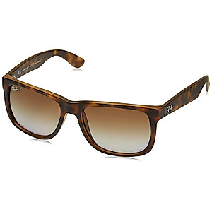 Ray-Ban RB4165 Justin Rectangular Sunglasses, Rubber Havana/Polarized Grey Gradient Brown, 55 mm