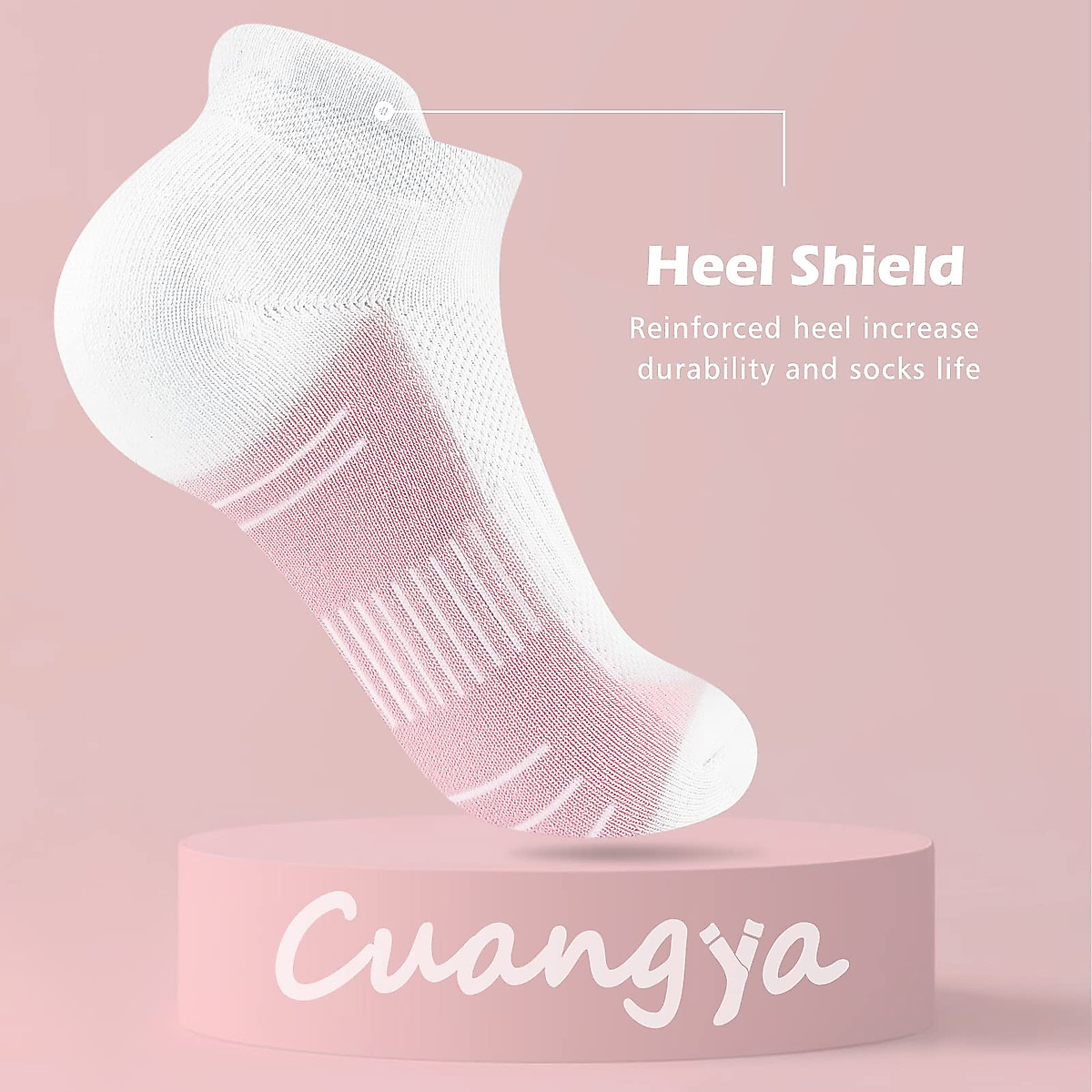 cuangya Performance Ankle Socks Women with Heel Tab for Running Athletic White Socks Pink Low Cut Cushioned 5-Pairs