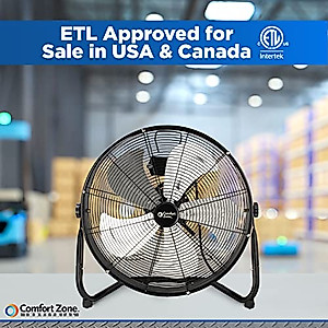 Comfort Zone CZHV20S 20” 3-Speed High-Velocity Slim Industrial Drum Fan, All-Metal Construction, 180-Degree Adjustable Tilt, Large Knobs to Lock Tilt Angle, 5-Aluminum Blades, and Carry Handle, Black