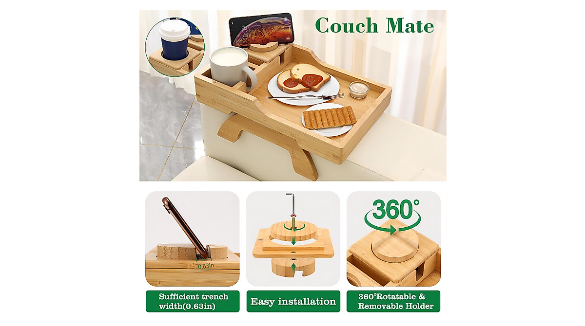 BAMBOOTRAY Sofa Arm Tray - Multi-Function & Rotatable