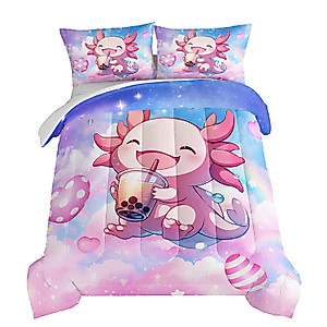 HOSIMA Pink Rainbow Comforter Set Twin Size,Cute Axolotl Drink Milk Tea Pattern Comforter Set Sea Animal Theme Bedding 3pcs for Kids Girls Room Decor,Kawaii Bedding Set with 2 Pillowcases.