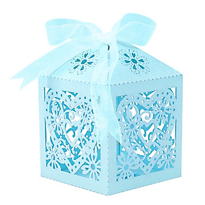 Lucky Monet 25/50/100PCS Love Heart Laser Cut Wedding Candy Gift Box Chocolate Box for Wedding Favor Birthday Party Bridal Shower with Ribbon (100pcs, Blue #01)