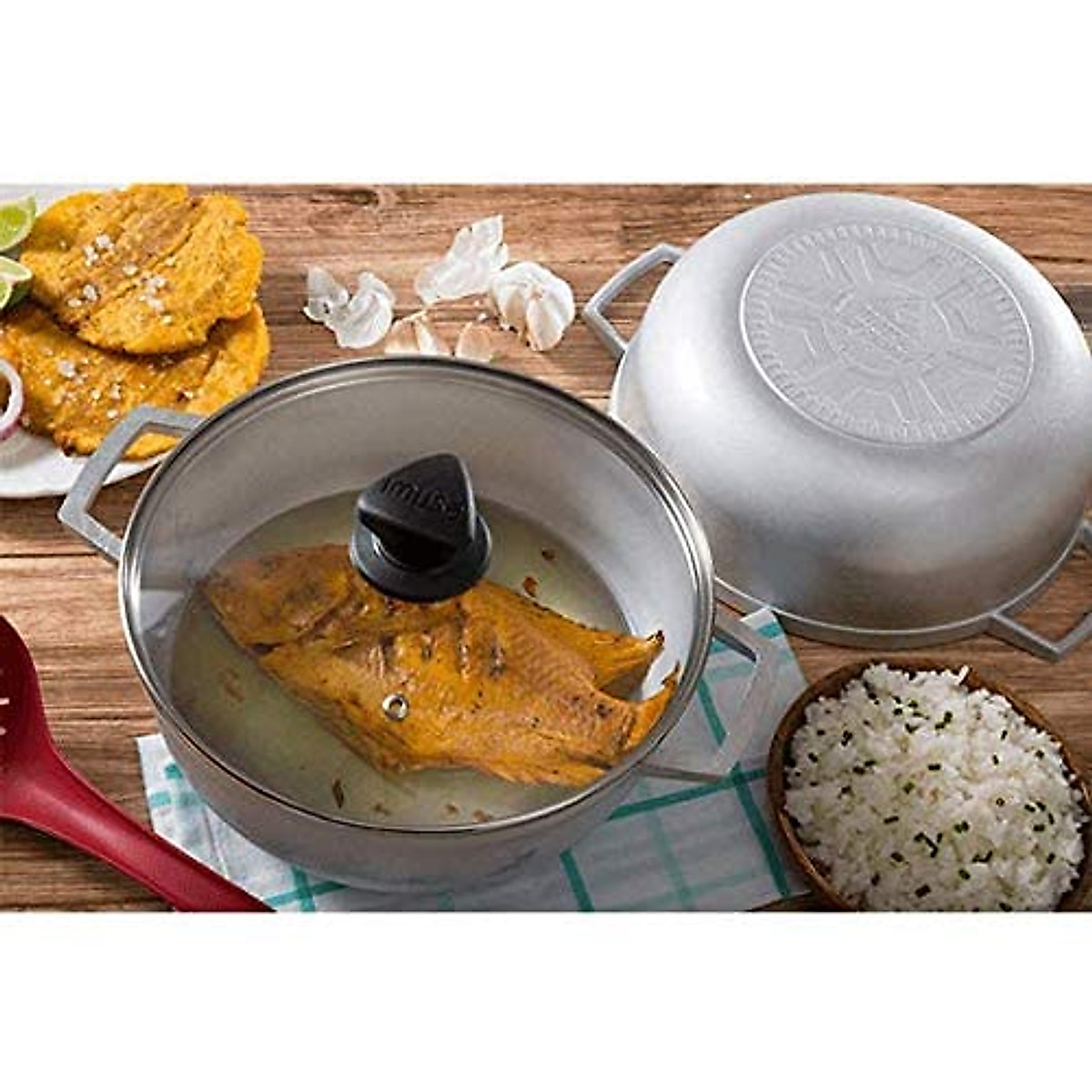 IMUSA USA Traditional Colombian Natural Caldero Glass Lid & Steam Vent 3-Piece (1.4/3.4/6.6) Quart, Silver (Dutch Oven Set)