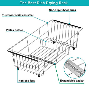 iPEGTOP Expandable Over Sink Dish Drying Rack, Multifunctional Adjustable (14"-18.5") Dish Drainer Organizer Shelf Rustproof Stainless with Grey Utensil Holder for Kitchen Counter