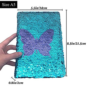 GINMLYDA Sequin Girls Journal for Kids, 8.5x5.5 Inches 160 Lined Pages Diary for Girls Butterfly Reversible Flip Sequence Notebook for Teenage Pre School Writing Drawing Travel Gifts (Purple- Blue)