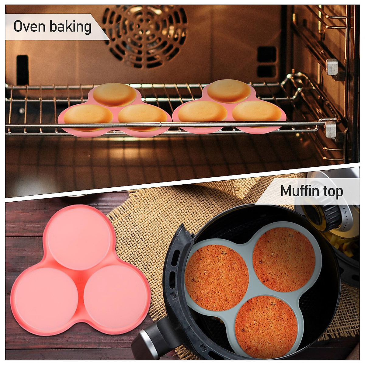 Mobestech 2Pcs Silicone Egg Molds Air Fryer for Egg Bites, Silicone Muffin Pans Chocolate Molds Muffin Tops, Breakfast Sandwiches, Hamburger Buns, Air Fryer Accessories (Blue+Pink)