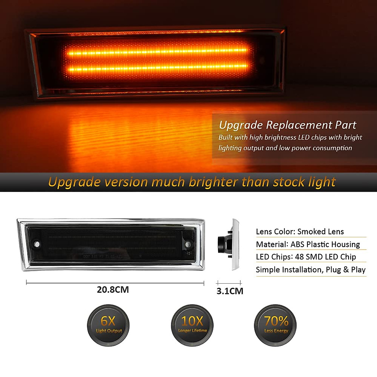 D-Lumina LED Side Marker Lights Smoked Lens for 1981-1991 Chevy C10 C20 C30 GMC C1500 C2500 Suburban Blazer Jimmy, Front Fender LED Side Marker Light, Driver & Passenger Side, Pack of 2