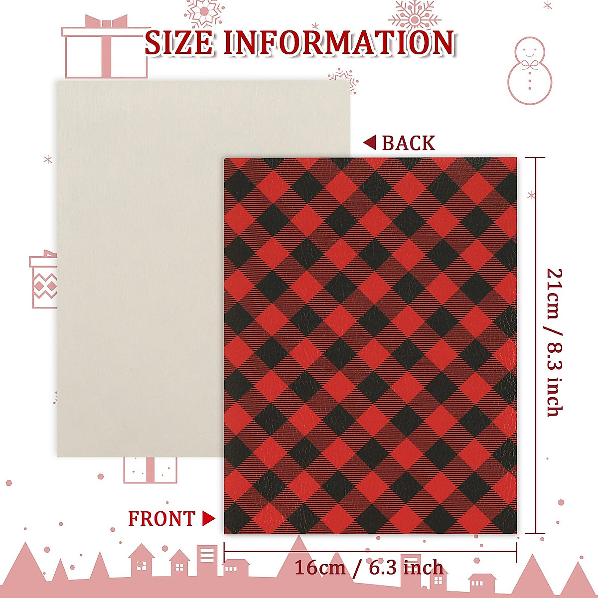 Whaline 15Pcs Buffalo Plaid Faux Leather Sheet Farmhouse Theme Christmas Synthetic Leather Red Green Gold Black White Glitter Fabric Crafts for Christmas Earring Hair Bow Gift DIY, 8.3 x 6.3 Inch