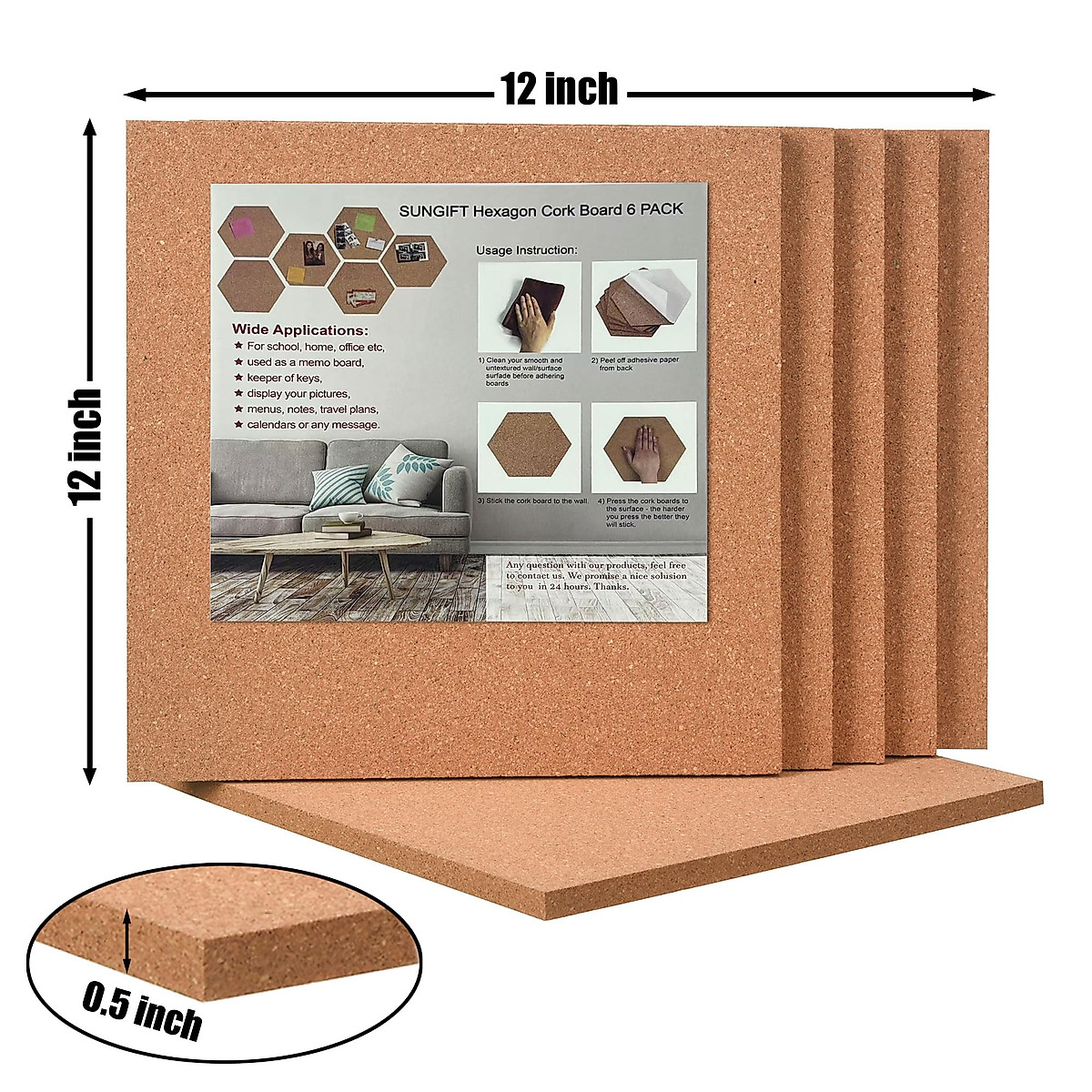 SUNGIFT Cork Board 12"x12" - 1/2" Thick Square Bulletin Boards Cork Tiles with 50 Push Pins Mini Wall, 6 Pack Self-Adhesive Corkboards for Wall