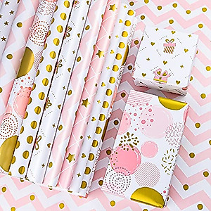 PLULON 6 Sheets Gold and Pink Birthday Gift Wrapping Paper, Gold Pink Gift Wrap Paper for Wedding, Birthdays, Hen Party, Baby Shower Decorations