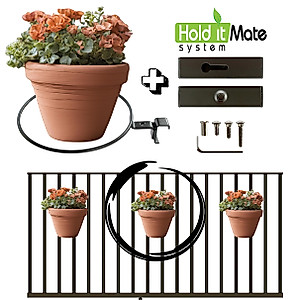 Deck Railing Plant Container Holder/Bracket Kit for Round Pot Planters (10") Connects Harmlessly to Vertical Spindled Railings - Adjustable Height - Heavy Duty Plant Hanger