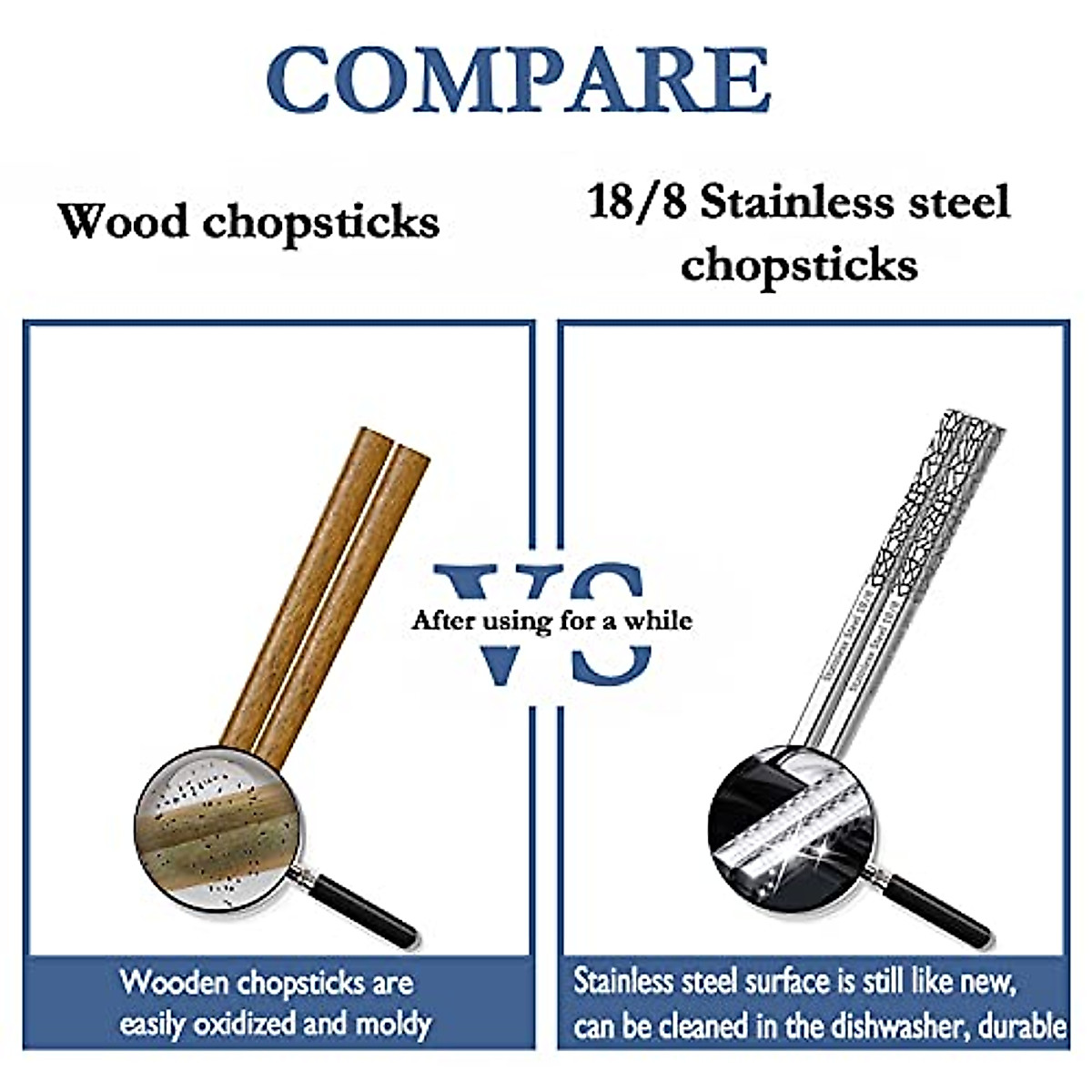 Metal Chopsticks Stainless Steel Reusable Chopsticks 18/8 Cute Laser Engraved Non-slip Korean Japanese Chinese Chopsticks,18/8 Stainless steel Dishwasher Safe for Cooking Eating 9 1/4 Inches 5 Pairs