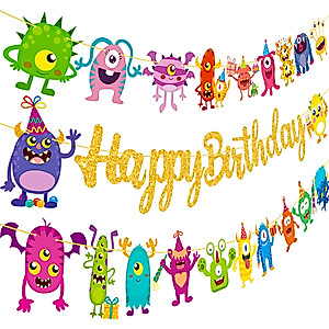 Monster Happy Birthday Banner Monster Bash Birthday Party Supplies Glitter Little Monster Birthday Banner Decorations for Kids Little Monster Theme Birthday Party Baby Shower Birthday Banner Supplies