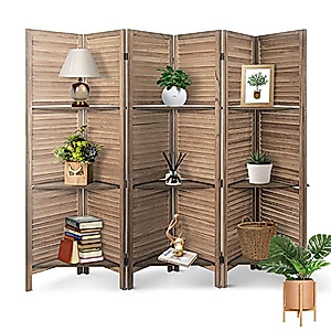 Babion 6 Panels Room Divider, Privacy Screen Room Dividers and Folding Privacy Screen, Room Dividers with 3 Display Shelves, Wood Room Divider, Partition Wall for Home Office, Brown