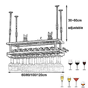 Wine Racks Cafe Hanging with Glass Holder and Shelf, Black Adjustable Metal Ceiling Bar Wine Glass Rack, 2-Layer Industrial Iron Bottle Holder Wine Shelf