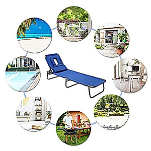 HOMGX Folding Chaise Lounge Chair, Outdoor Deck Chair with 15 to 80 Degrees Adjustable Backrest, Reclining Chair for Beach, Swimming Pool, Deck Chair with Tanning Face Down Hole, Sling Chair, Blue