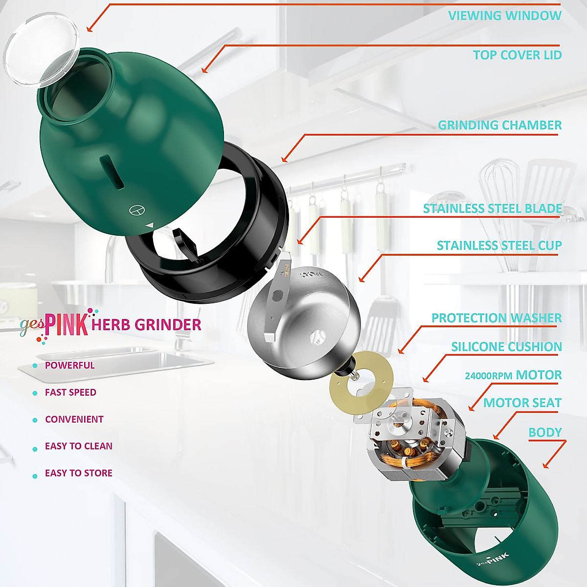 gesPINK Herb Grinder, Electric Spice Grinder, Automatic Grinder for leaves, beans, nuts, seeds, grains, Coffee Grinder with Stainless Steel Cup, Easy to Use and Clean, with Spoon and Brush (Green)