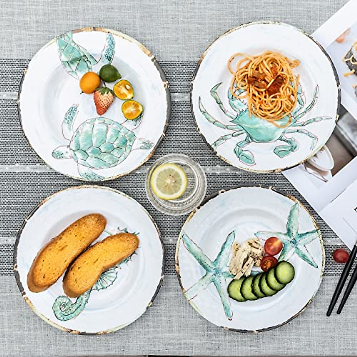 Gofunfun Melamine Salad Plates Set of 4, Salad/Dessert Plate for Outdoor/Indoor Use, Shatterproof, BPA Free, Dishwasher Safe Small Dinner Plates, Marine Life