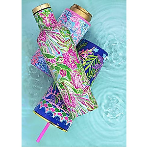 Lilly Pulitzer Slim Can Cooler, Double Wall Stainless Steel, Insulated Drink Sleeve for 12 Oz Skinny Bottles and Seltzers, Splendor in the Sand