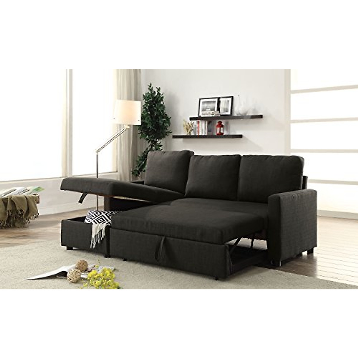 ACME FURNITURE Hiltons Charcoal Linen Sectional Sofa with Sleeper and Storage