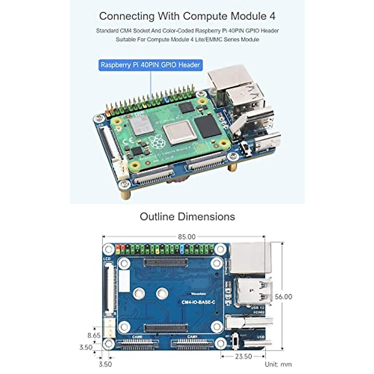 Waveshare Mini Base Board Type Compatible with Raspberry Pi Compute Module 4