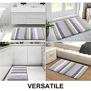 Buganda Microfiber Striped Bathroom Rugs Bath Mat, Extra Thick, Soft and Shaggy, Absorbent, Machine Washable, Anti-Slip Bath Rugs for Bathroom, Tub and Shower, 24x16, Purple-Grey