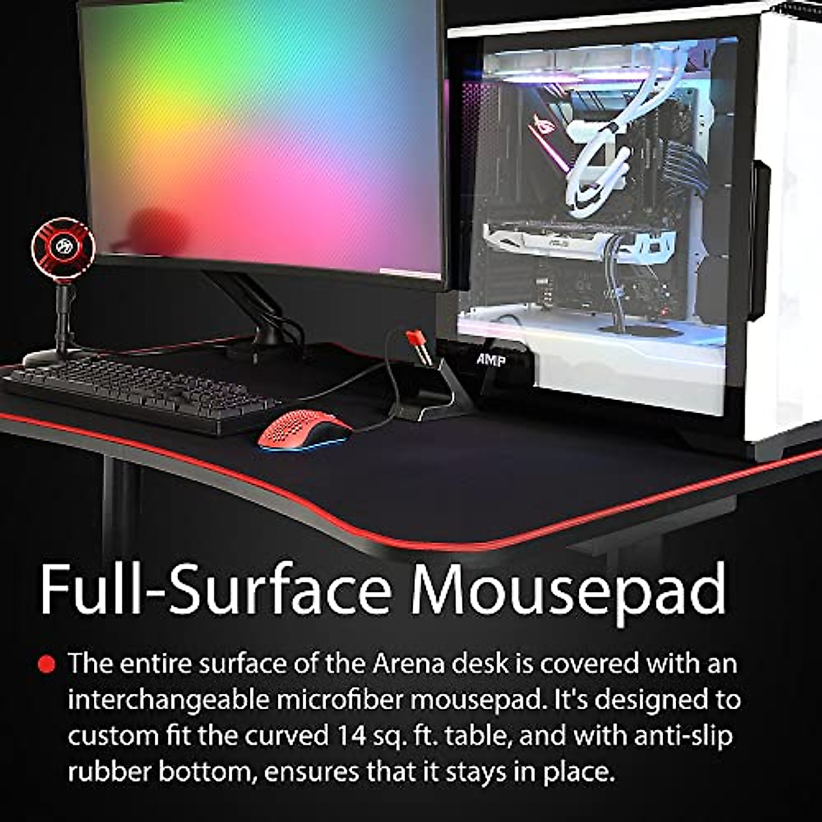 Arozzi Arena Fratello Curved Gaming and Office Desk with Full Surface Water Resistant Desk Mat Custom Monitor Mount Cable Management Cut Outs Under The Desk Cable Management Netting - Dark Grey