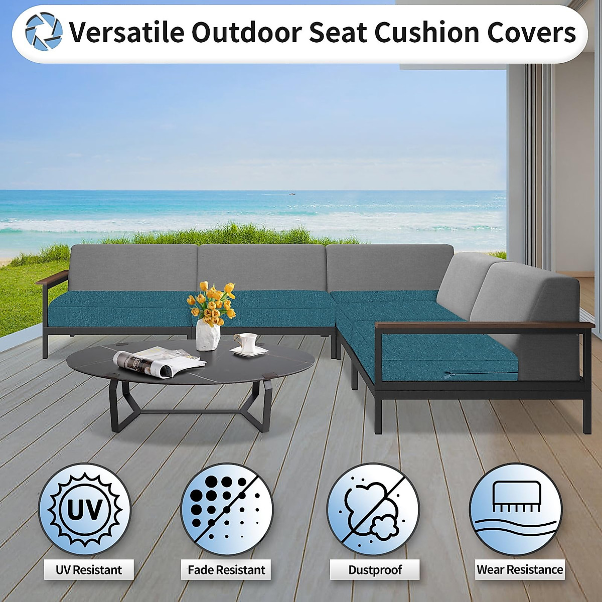 OutdoorLines Faux Linen Outdoor Cushion Covers Replacement 24"x24"x4", Waterproof Patio Cushion Cover for Outdoor Furniture, Outdoor Seat Cushion Covers for Patio, Garden (Set of 4, Teal, Cover Only)