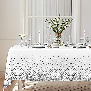 Paready White Silver Plastic Tablecloth 4 Pack 54" x 108", White Disposable Tablecloth with Silver Dot Confetti, Rectangular Plastic Table Cover for Parties, Birthday, Wedding, Graduation, Anniversary