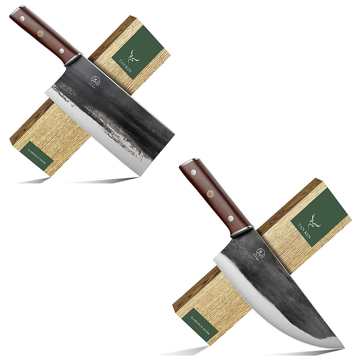 TAN REN 8 Inch Cleaver Knife and 8 Inch Butcher Knife for Meat Cutting, High Carbon Steel Boning Knife, Full Tang Meat Cleaver Knife for Home Kitchen