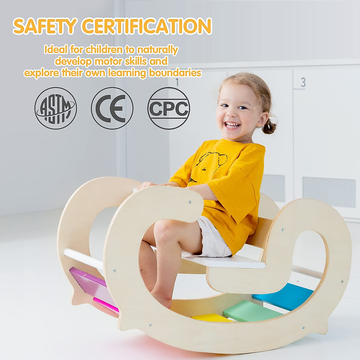 labebe Toddler Climbing Arch, Waldorf Rainbow Rocker Play, 3-in-1 Montessori Climbing Toys for Kid, Wooden Indoor Outdoor Play Gym Learning Playset, Playground for Kids Gift