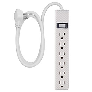 6-Outlet Power Strip, 4 Ft Extension Cord, Power Strip, Flat Plug, Wall Mount, for Bedroom, Dorm, or Home Décor, Integrated Circuit Breaker, UL Listed, Gray & White Chevron, 26601