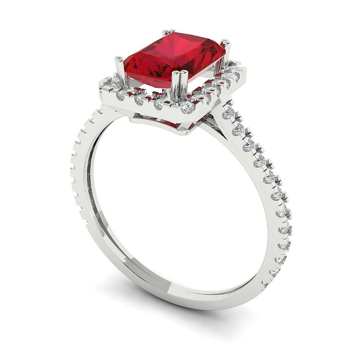 Clara Pucci 2.08 ct Emerald Cut Personalized Engraving Halo Simulated Ruby Designer Solitaire Statement Ring 18K White Gold Size 10.5
