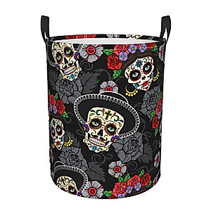 Gbuzozie Floral Skulls Round Laundry Hamper Day Of The Dead Storage Basket Toys Clothes Organizer Bin For Home Bathroom Bedroom Dorm Nursery, 38l