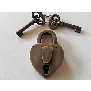 VTG. Small Love Valentines Paris Heart Lock w 2 Skeleton Keys Brass 2 5/8" #L8