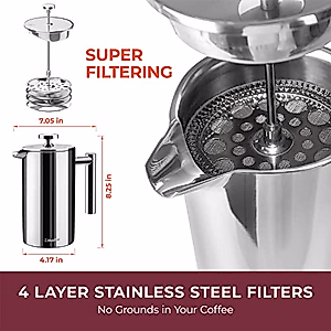 Mueller French Press Double Insulated 304 Stainless Steel Coffee Maker 4 Level Filtration System, No Coffee Grounds, Rust-Free, Dishwasher Safe