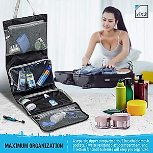 Lewis N. Clark Hanging Toiletry Bag for Travel Accessories, Shampoo, Cosmetics + Personal Items with Waterproof Compartment and Folding Design,Black