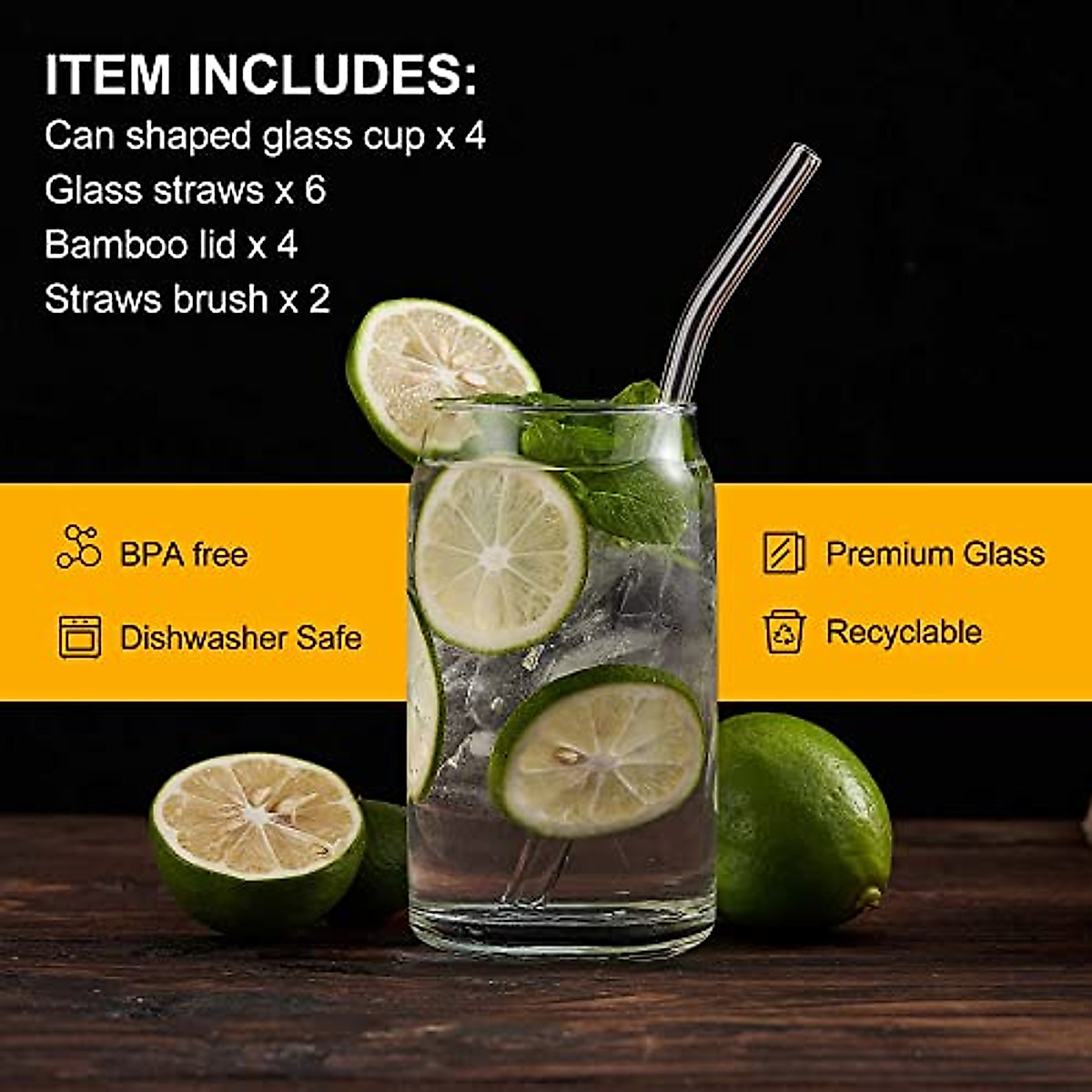 RLCOEUS Set of 4 Drinking Glass Cup with Bamboo Lids and 6 Glass Straws - Can Shape Beer Glasses for Smoothie, Whiskey, and Cocktails, 2 Cleaning Brushes