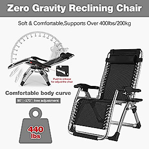 Sibosen Oversized Adjustable Steel Mesh Zero Gravity Reclining Lounge Chair Recliners w/Pillow, Padded Cushion and Cup Holder, Grey