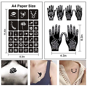 24 Sheets Henna Tattoo Stencil Kit 270+pcs, Henna Stencils Reusable Temporary Indian Glitter Airbrush Tattoo Stencils for Face Body Paint DIY