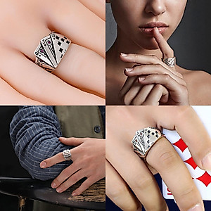 Poker Cards Ring Vintage Diamond Spade Flush Playing Cards Statement Ring Band Adjustable Stainless Steel Hip Hop Punk Casino Gambling Jewelry for Women Men Boys Girls (Diamond)