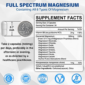 Magnesium Complex Supplement 8 Forms, 500mg Magnesium Glycinate, Malate, Citrate, High Absorption Mg for Calm, Sleep, Mood & Healthy Muscle, Pack of 2, Total 120 Vegan Capsules