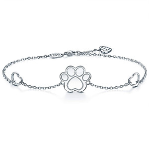AmorAime 925 Sterling Silver Bracelet Dog Cat Paw Print of Love Heart Charm Adjustable Link Bracelets for Women for Pet Lover