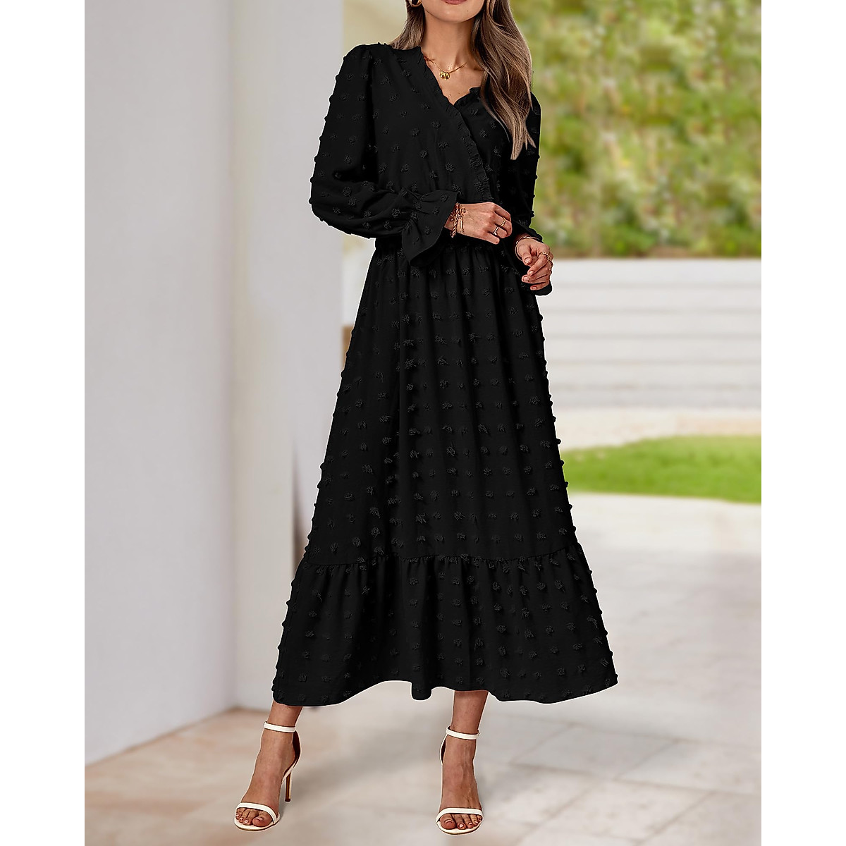 BTFBM Women Fall Dresses 2025 Long Sleeve V Neck Swiss Dots Maxi Dress Boho Long Dress High Waisted A-Line Ruffle Dress(Solid Black,Large)