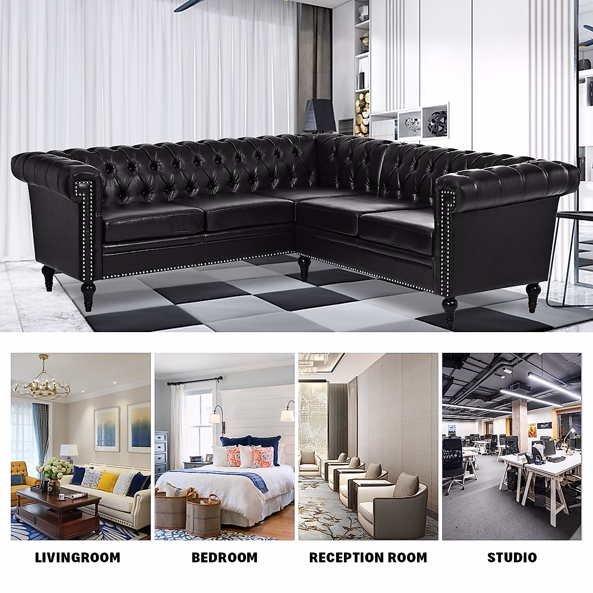 Vaztrlus Chesterfield L-Shaped Faux Leather Sectional Sofa， Modern, Large Corner Couch for Living Room with Modular Button Design. Five-Seater Sofas (Black