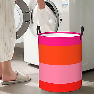Large Laundry Basket, Dirty Clothes Hamper Toys Storage Bag Hot Pink and Bright Orange Stripes Waterproof Foldable Washing Bin for College Dorms 15.7" x 19.6"