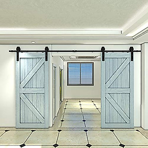 YIGOLD 10ft Double Barn Door Hardware Kit, for 30" Wide Doors Panel Antique Style, Sliding Smoothly Quietly, Factory Outlet Upgraded Version Quality Carbon Steel (4 J Shape Hanger)