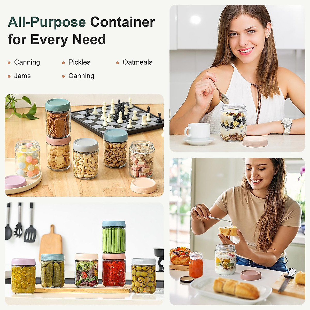 NETANY 12-pack 16oz Glass jars with Airtight Lids, Overnight Oats Containers with Lids, Wide mouth Mason Salad jars, Glass Food Storage Containers for Snacks Yogurt Spice Sugar