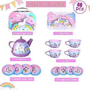 SENLISI Unicorn Tea Party Set for Little Girls,Pretend Tin Teapot Set,Princess Tea Time Toy Including Teapot, Cups, Plates and Carrying Case for Birthday Kids Toddlers Age 3 4 5 6