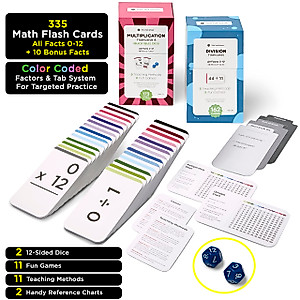 Think Tank Scholar 335 Multiplication & Division Flash Cards - 2 Math Dice (Award Winning) All Facts 0-12 Answer on Back, for Kids in 2ND, 3RD, 4TH, 5TH, 6TH Grade Class or Homeschool - Games & Charts